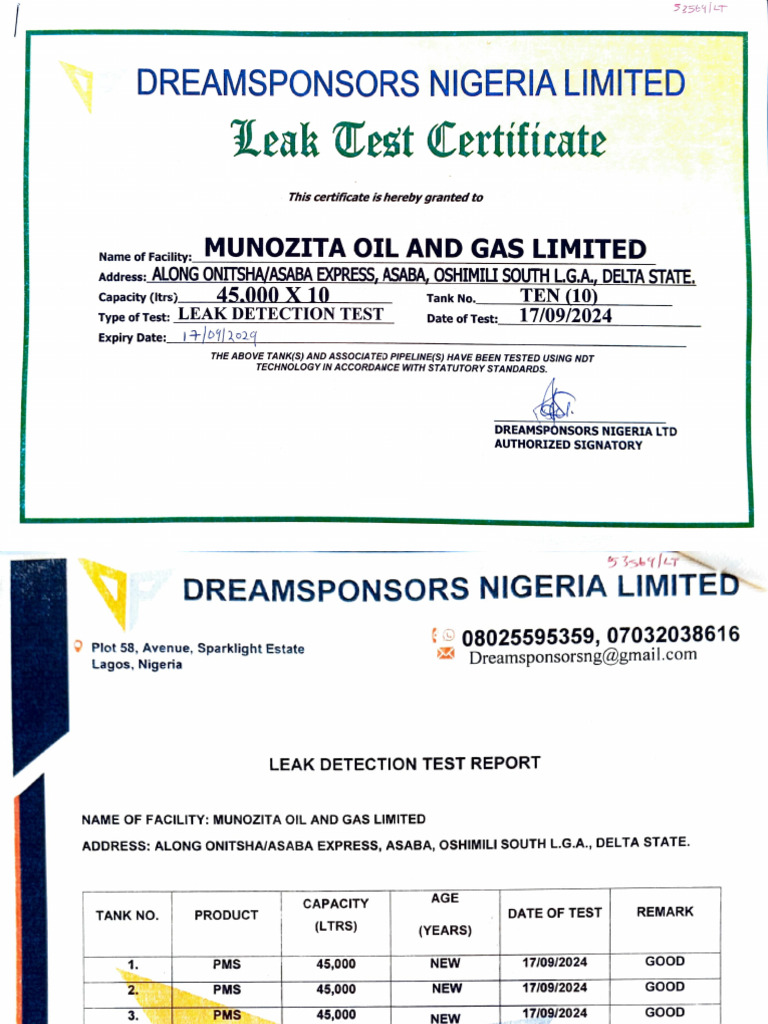 Leak Test Certificate For Munozita Oil & Gas LTD, Asaba | PDF