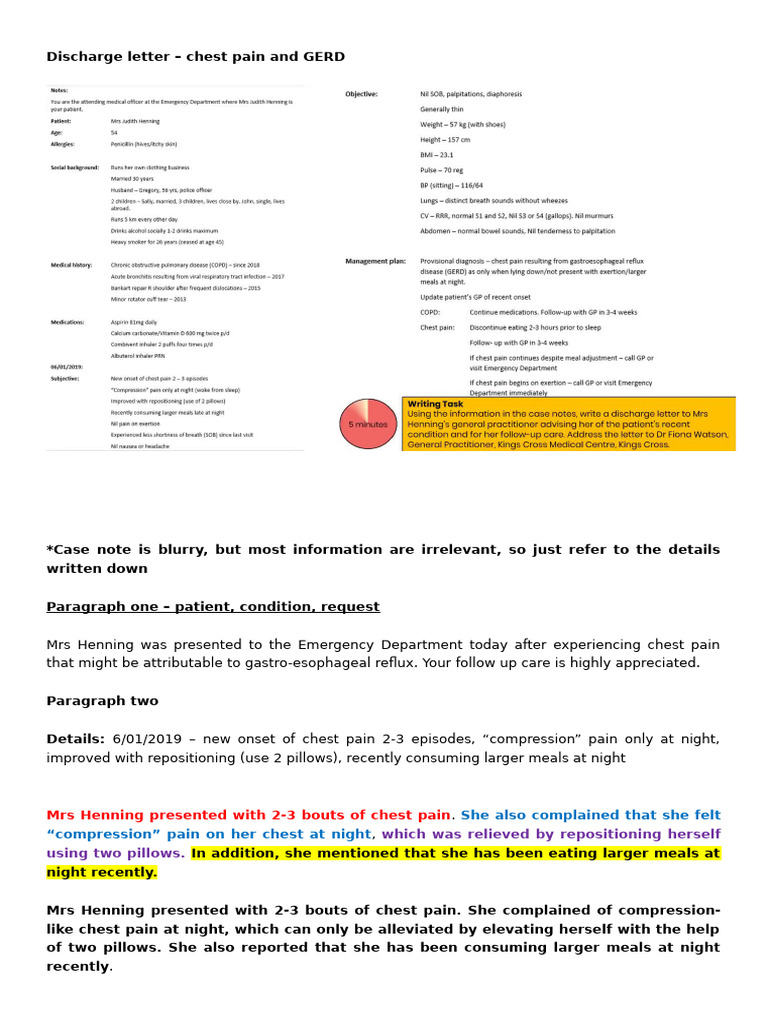 Discharge Letter - Chest Pain and GERD | PDF | Gastroesophageal Reflux ...