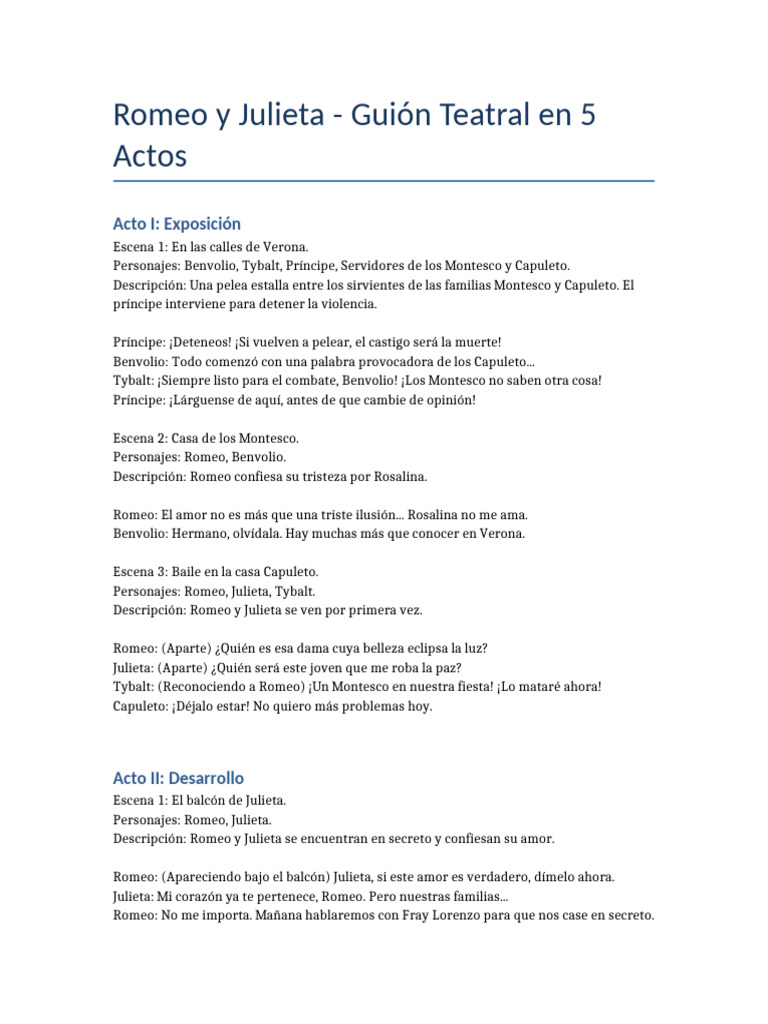 Romeo y Julieta Guion Teatro 5 Actos | PDF