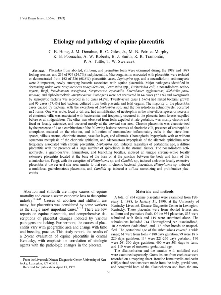 Etiology and Pathology of Equine Placentitis | PDF
