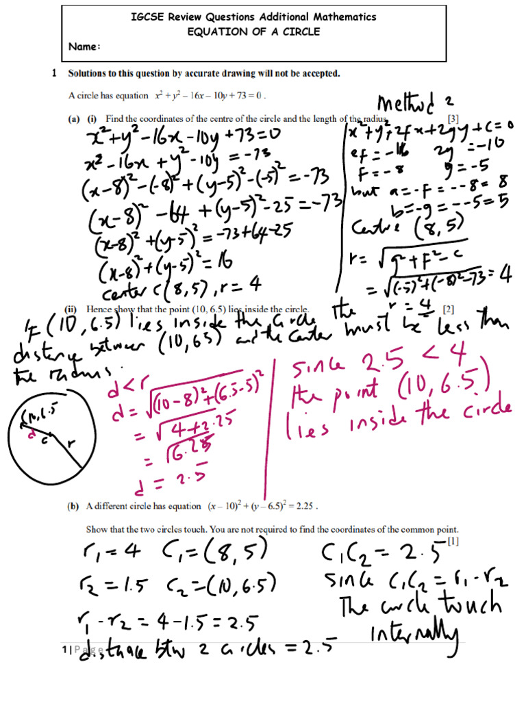 Equation of A Circle Answers | PDF