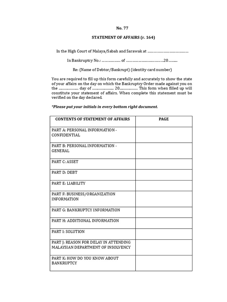 Form Statement of Affairs Form No. 77 of Insolvency (Amendment) Rules ...