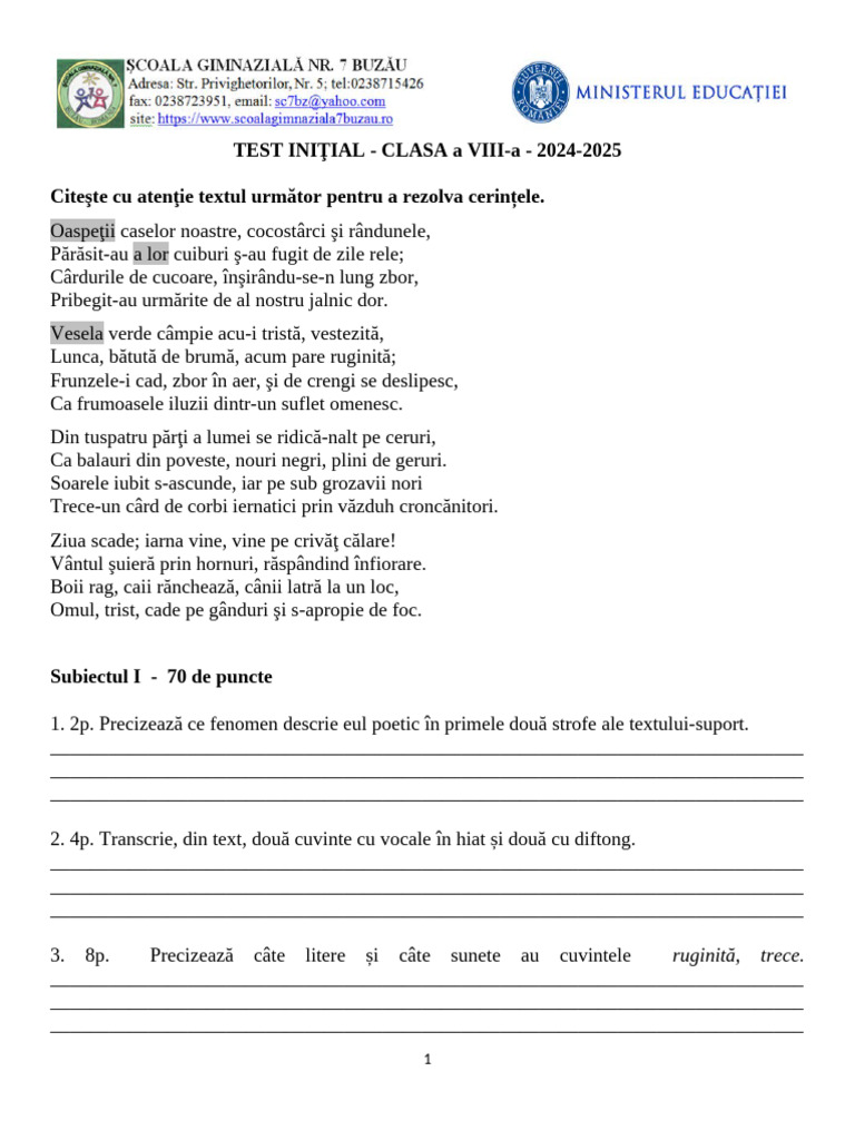 Evaluare Initiala A VIII-a 2024-2025 | PDF