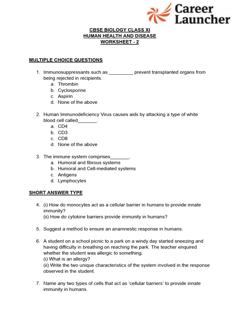 Cbse 12 Human Health and Disease WS2 | PDF