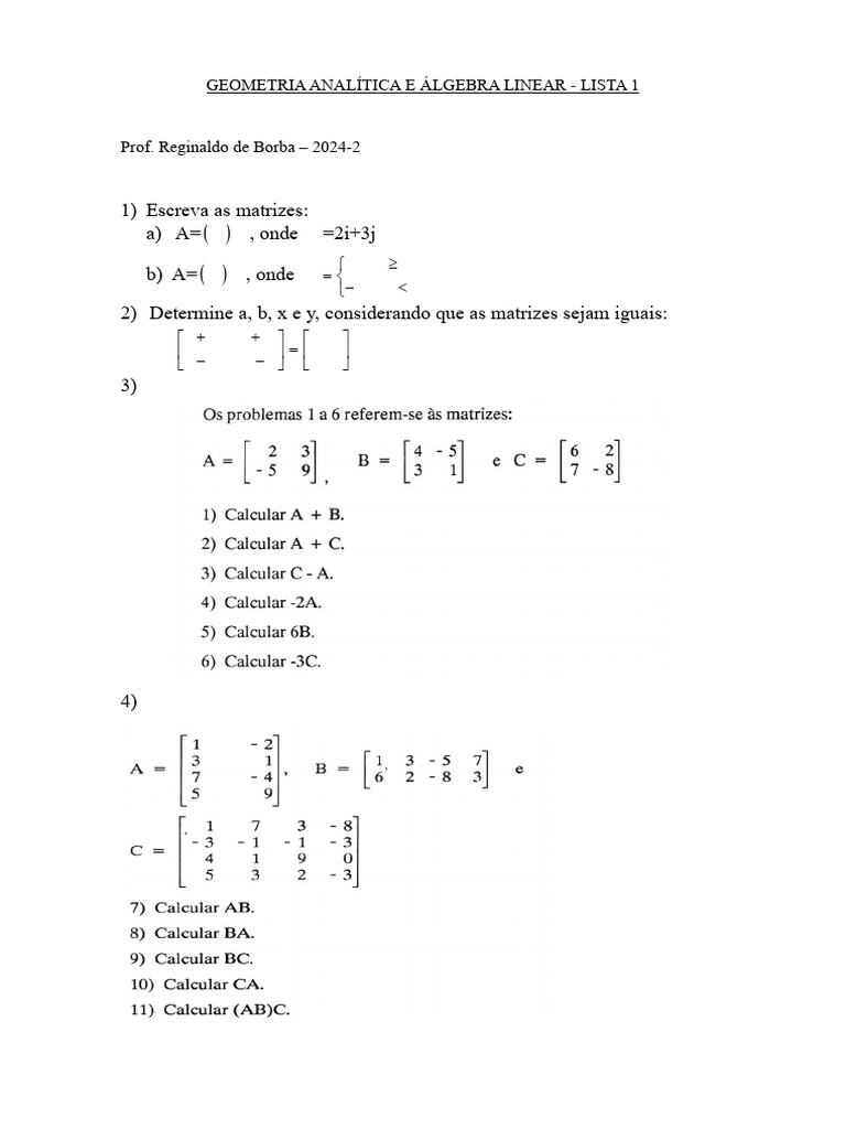 GEOMETRIA ANALÍTICA E ÁLGEBRA LINEAR Lista1 PDF | PDF