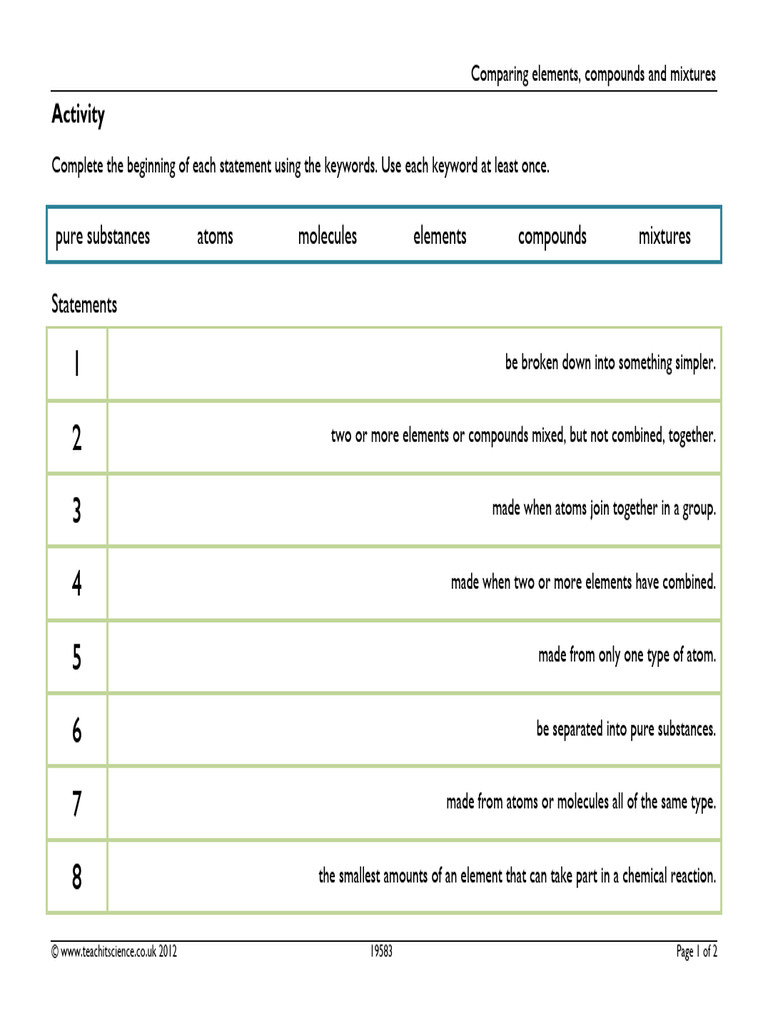 Activity: Pure Substances Atoms Molecules Elements Compounds Mixtures ...