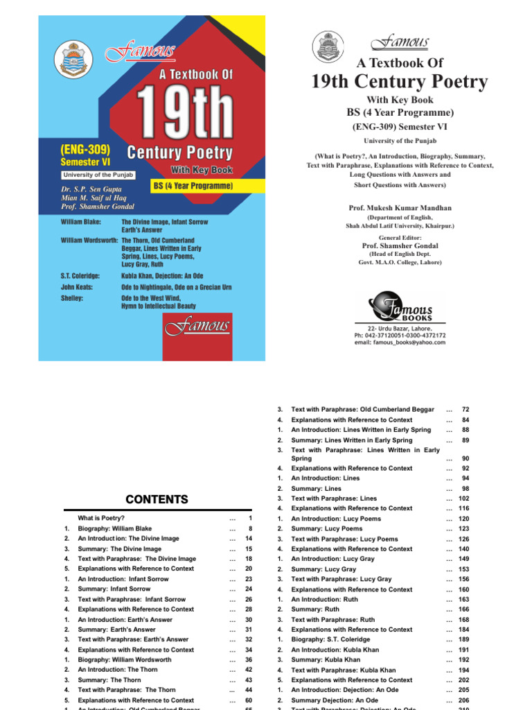 A Textbook of 19th Century Poetry (Eng-309) Punjab | PDF