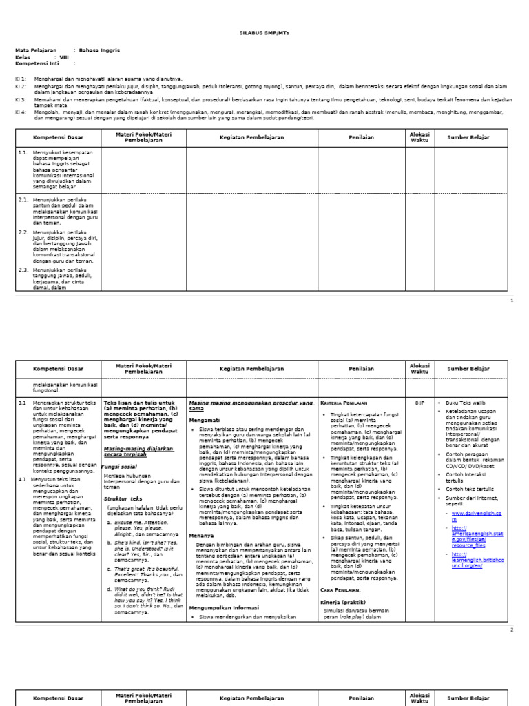Silabus K13 SMP Kelas 8 | PDF