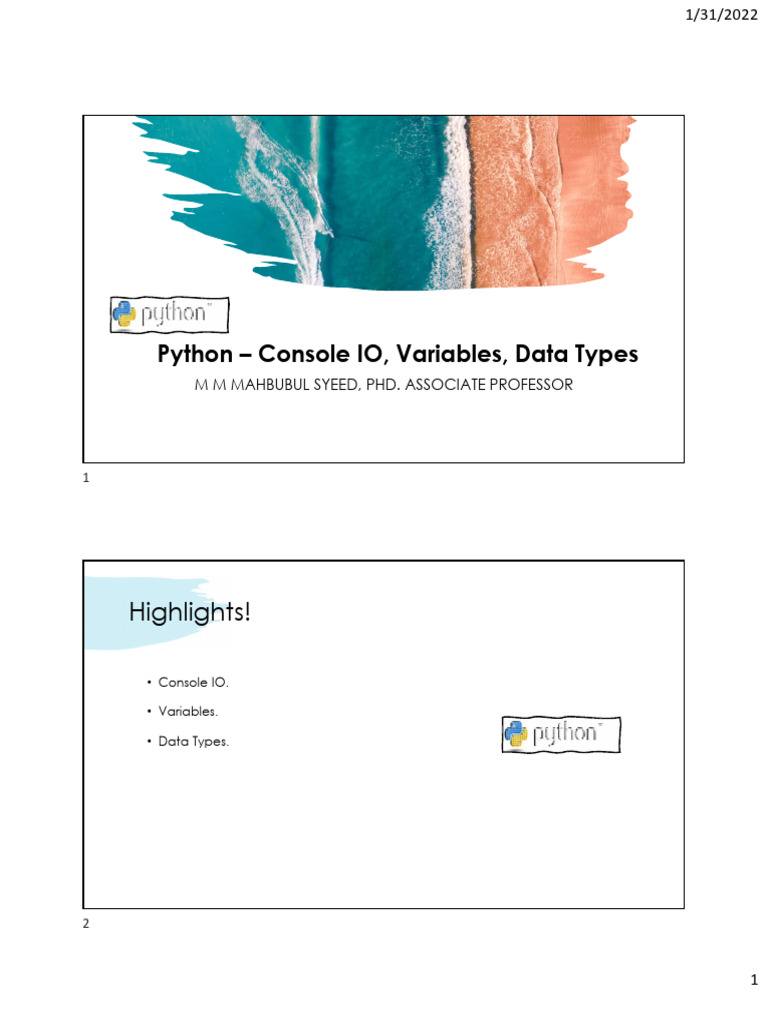 2 - 1 - Console IO, Variables, Data Types | PDF