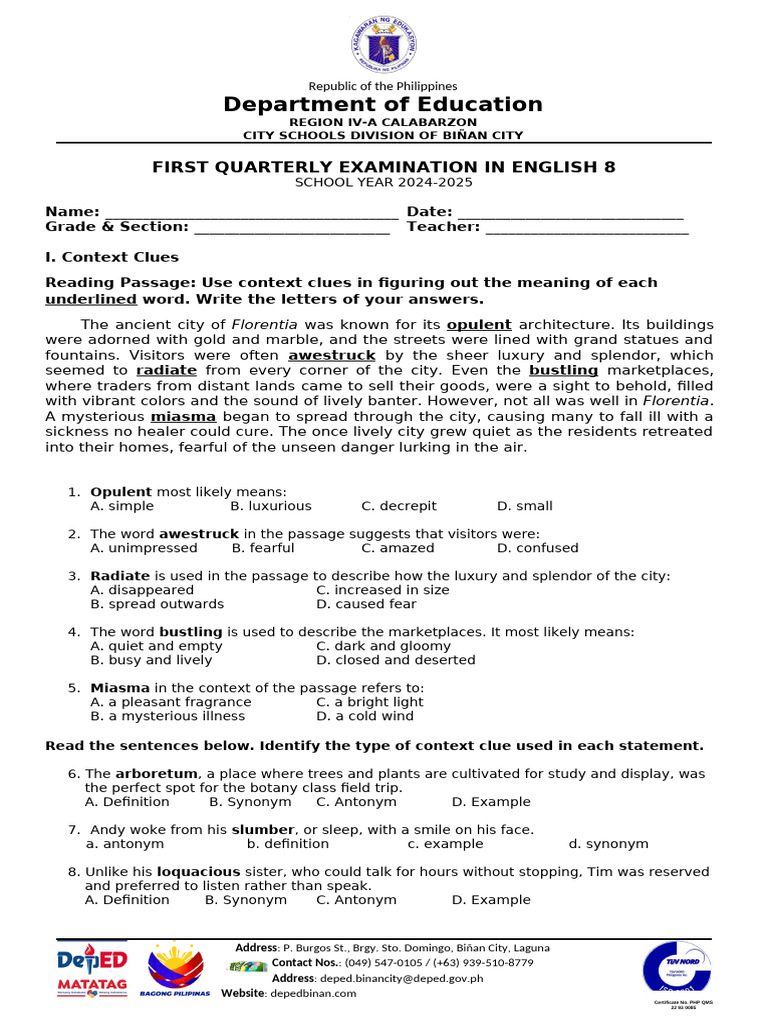 1st Quarter Exam English8 | PDF