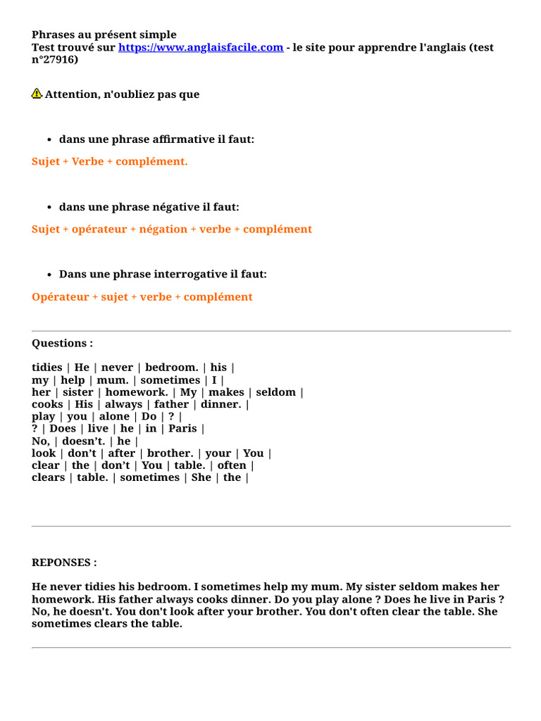 Phrases Au Présent Simple | PDF