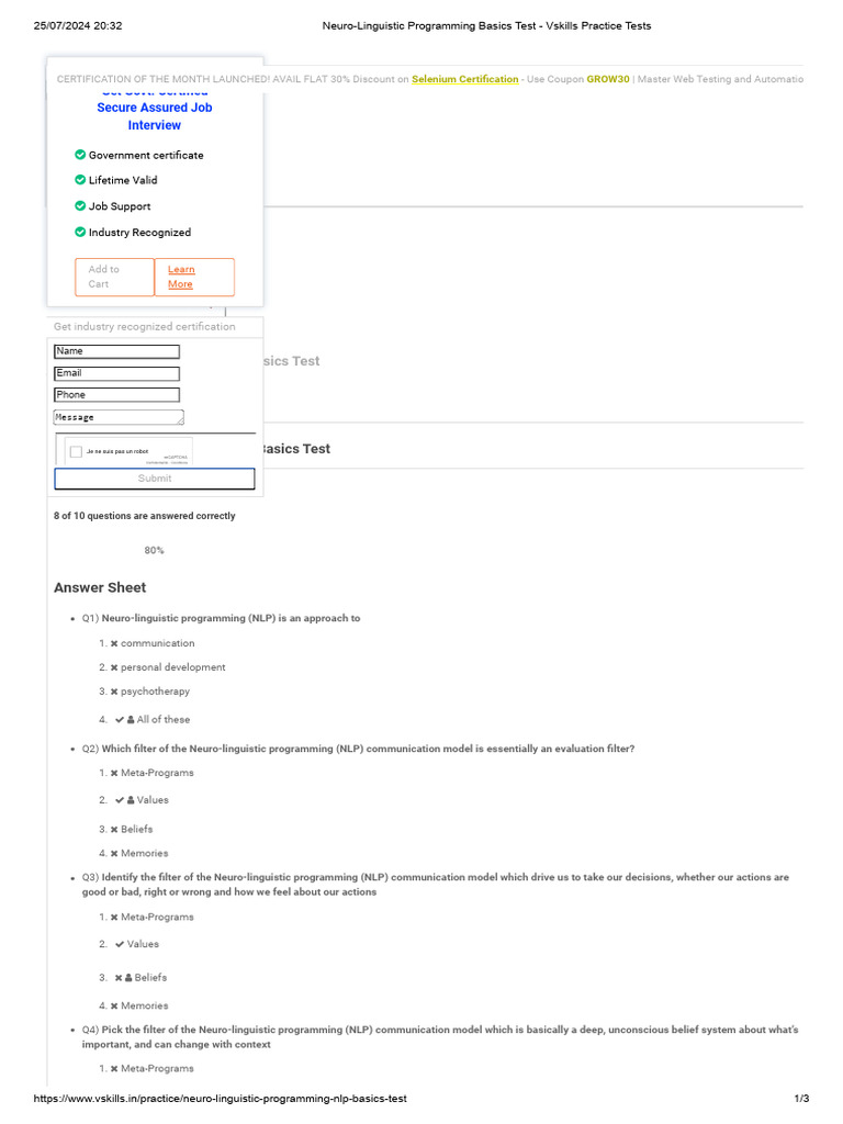 Neuro-Linguistic Programming Basics Test - Vskills Practice Tests6 ...