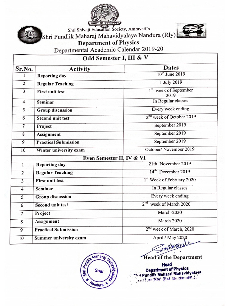 Physics Academic Calendar 2019-20 | PDF