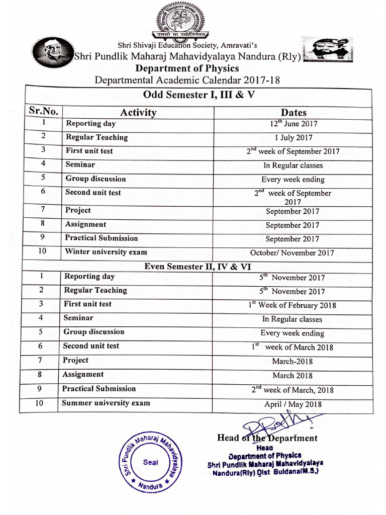 Physics Academic Calendar 2017 18 | PDF