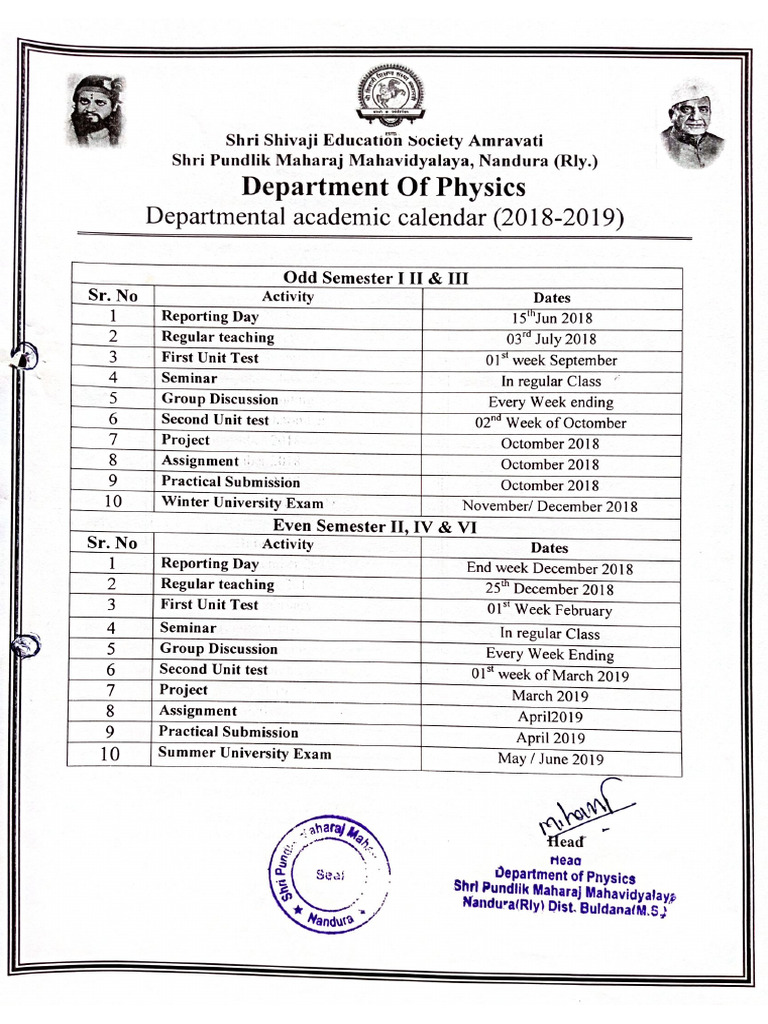 Physics Academic Calendar 2018-19 | PDF