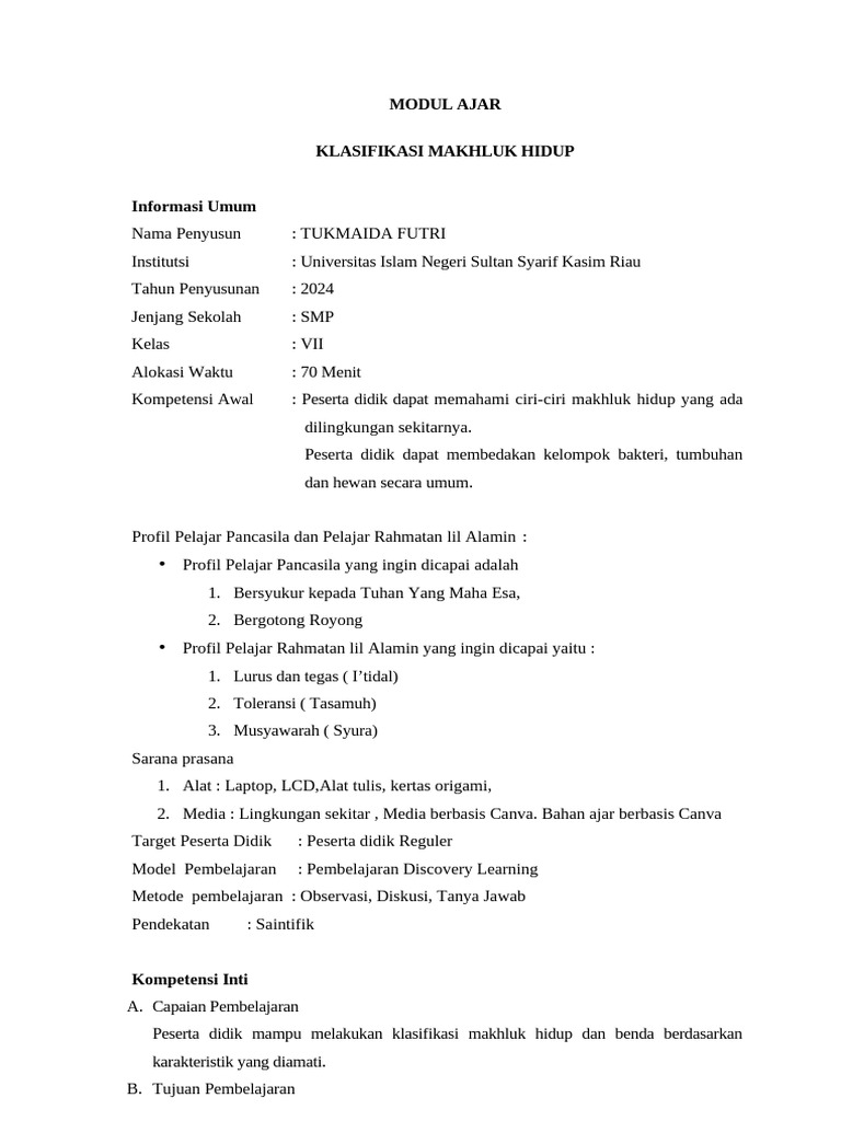 Modul Ajar Microteaching - Klasifikasi Makhluk Hidup | PDF