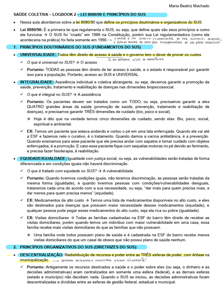 Saúde Coletiva - Resumo - Lei N 8080 E Princípios Do SUS - Maria ...