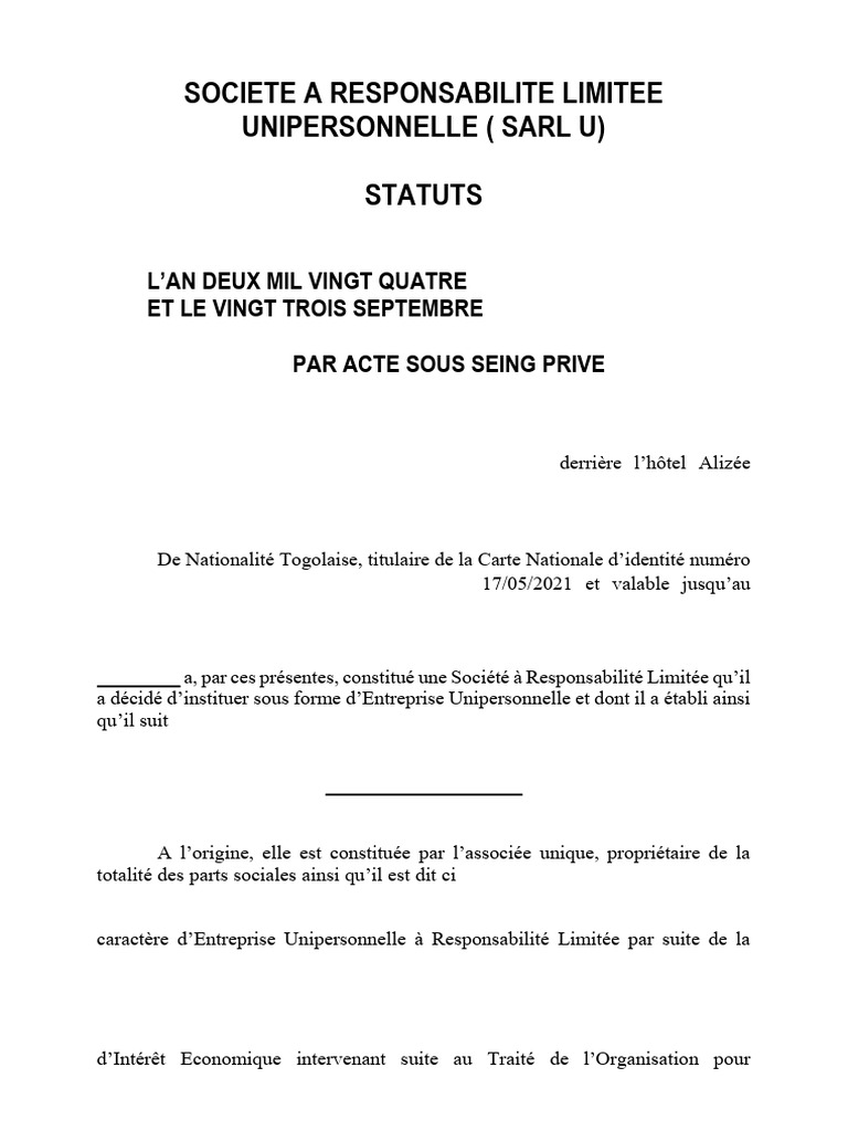 SOCOBIO Statut SARL U Corrigé | PDF