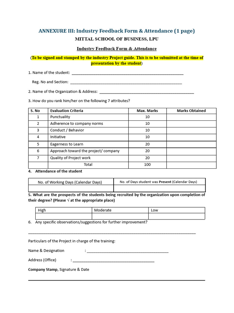 ANNEXURE III - Attendance and Feedback Form | PDF