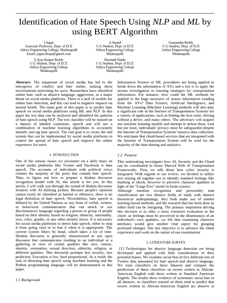 Identification of Hate Speech Using and by Using BERT Algorithm | PDF