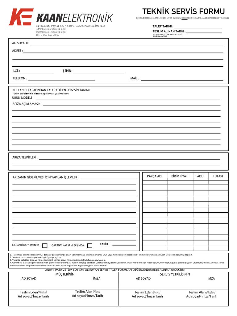 Kaan Elektronik Teknik Servis Formu 2024 | PDF