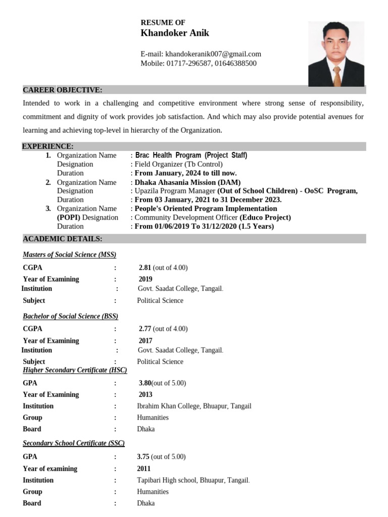 CV of Khandoker Anik | PDF