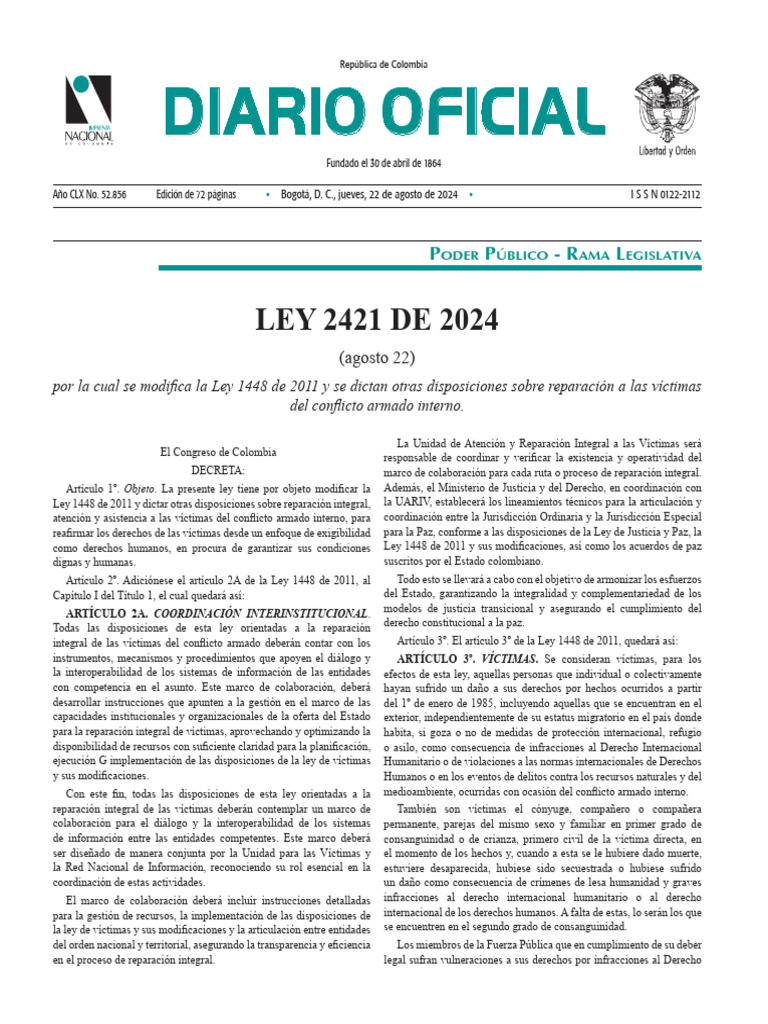 Ley Que Modifica La Ley 1448 | PDF