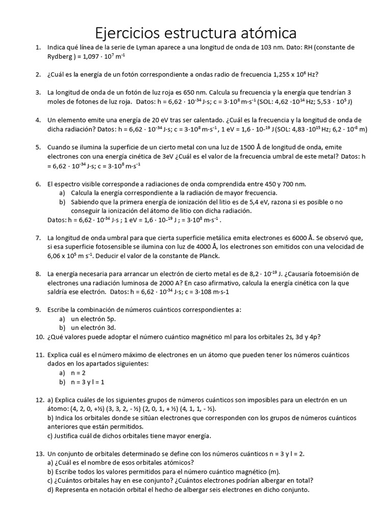 Ejercicios Estructura Atómica - 24-25 | PDF