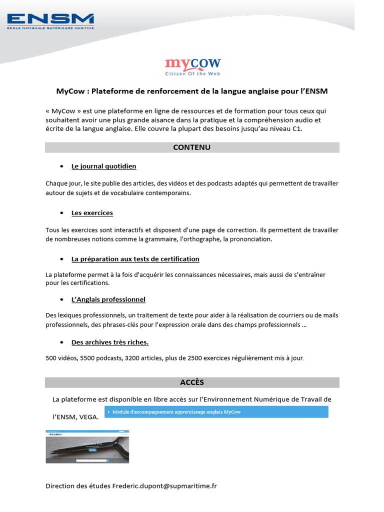Utiliser MyCow Plateforme de Renforcement de L'anglais | PDF