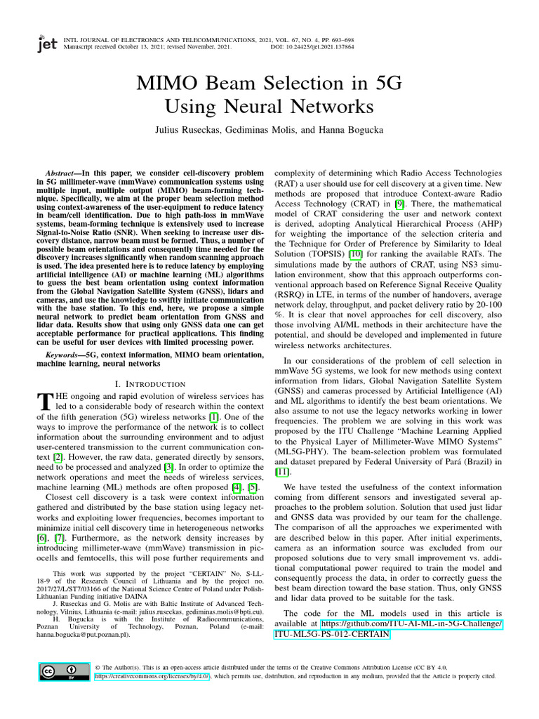 MIMO Beam Selection in 5G Using Neu | PDF