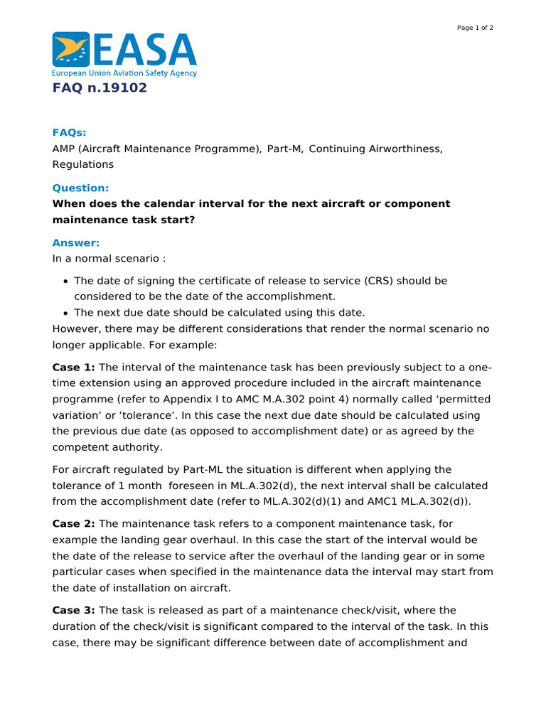 EASA - When Does The Calendar Interval For The Next Aircraft or Component Maintenance Task Start ...