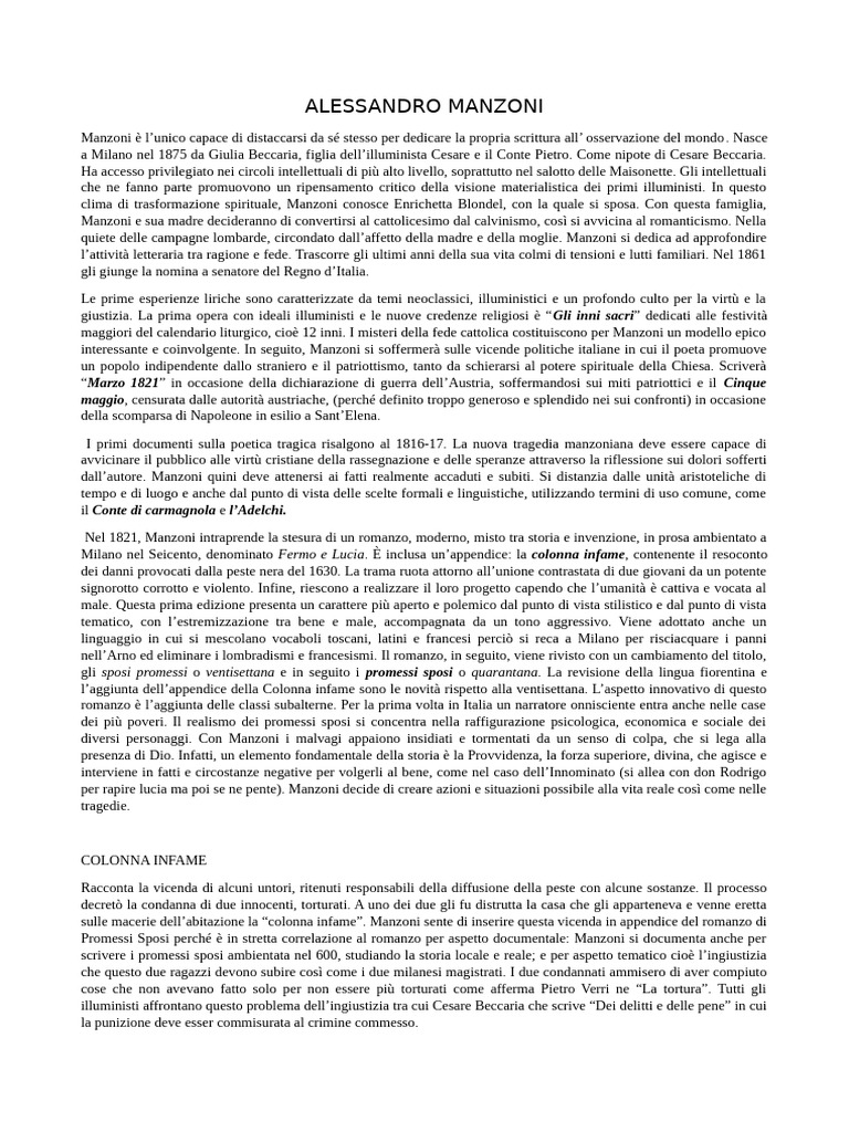 ALESSANDRO MANZONI Riassunto | PDF