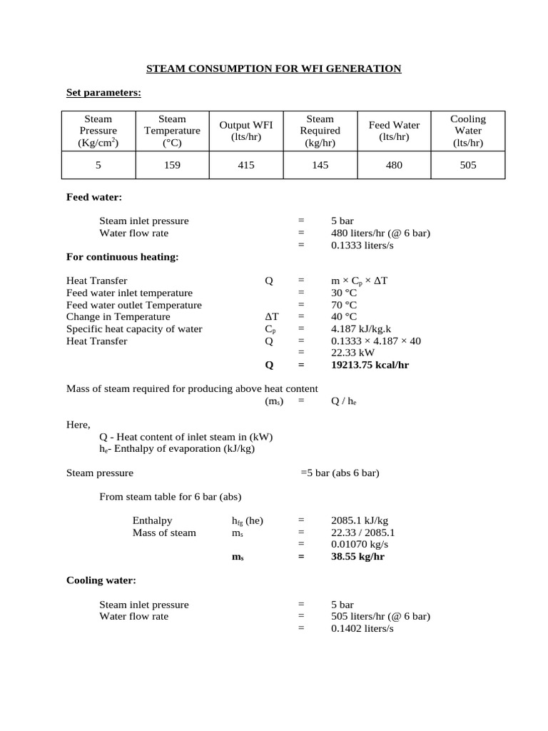 Steam Consumption For Wfi Generation | PDF