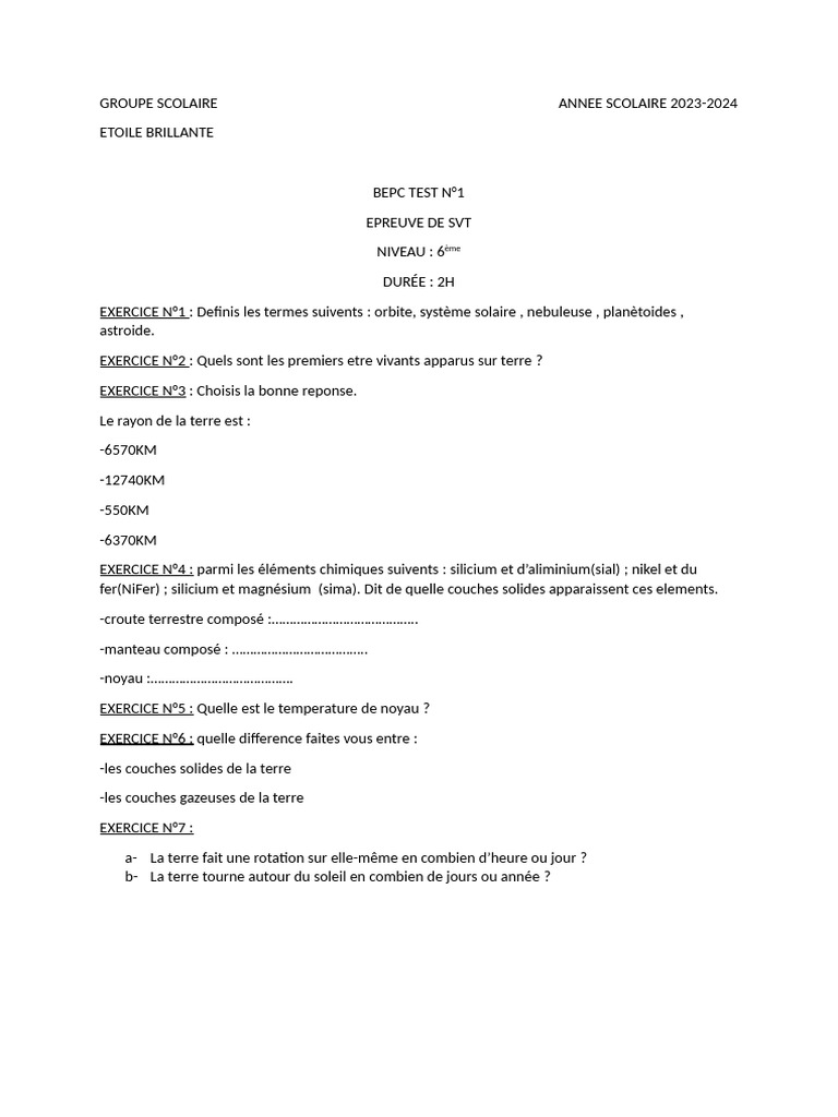 Devoir Departemental SVT 6ème | PDF