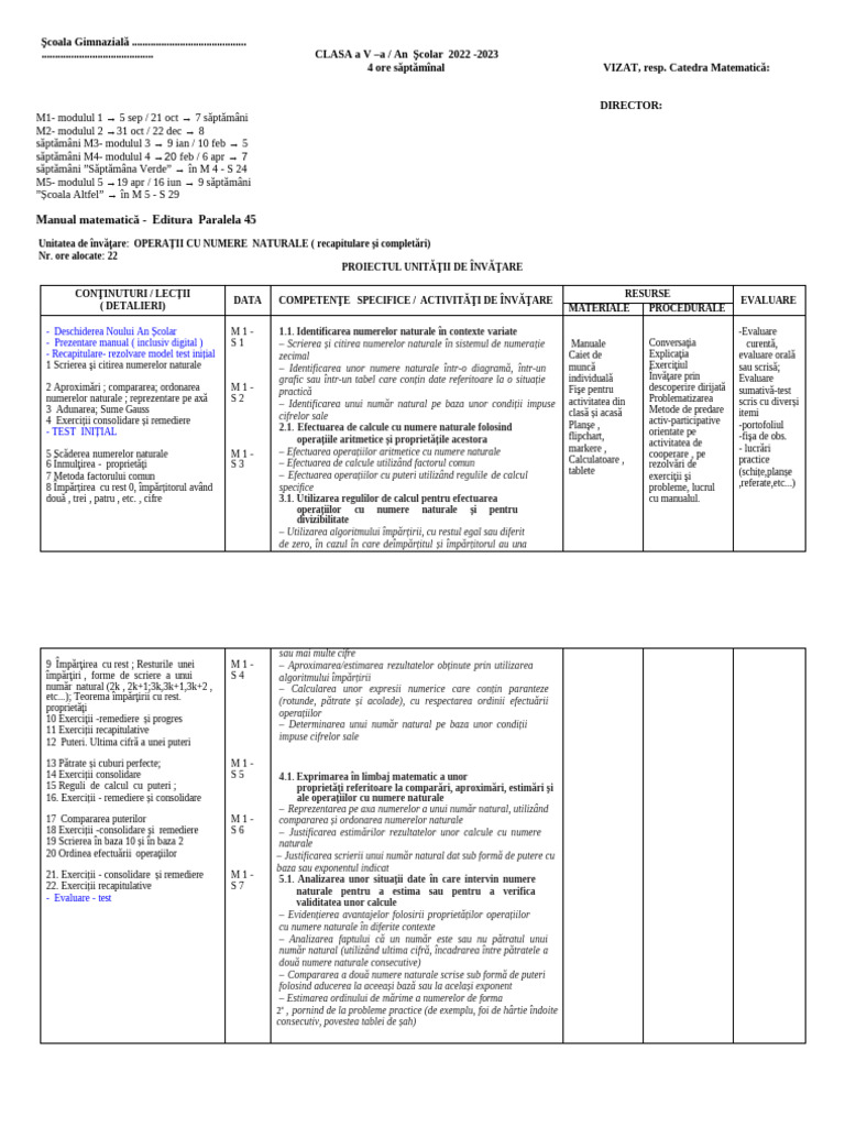 V Planificare Matematica 20222023 | PDF