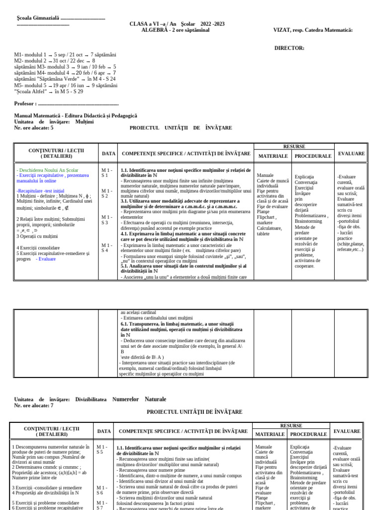 Vi Planificare Matematica 2022 2023 | PDF