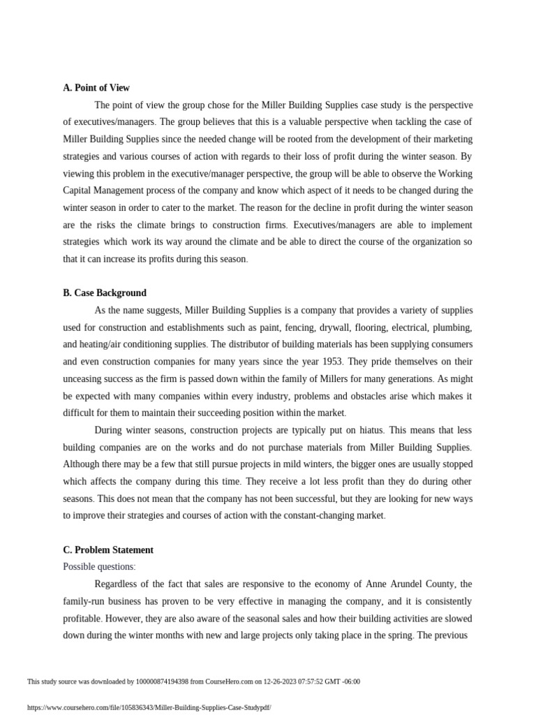 Miller Building Supplies Case Study Analysis | PDF | Working Capital ...