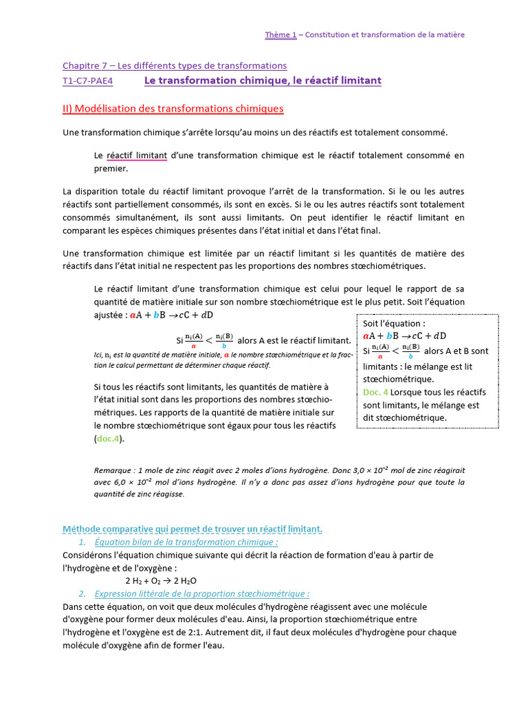 T1-C7-PAE4 Le Transformation Chimique, Le Réactif Limitant | PDF