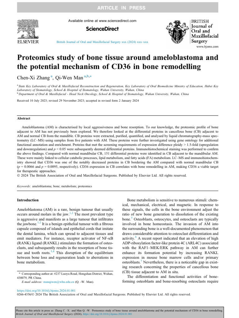 Proteomics Study of Bone Tissue Around Ameloblastoma and The Potential ...