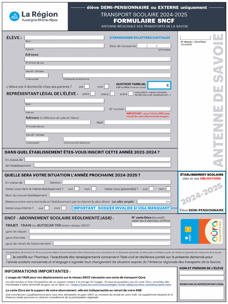 Formulaire SNCF - Savoie - 2024-2025 - V1 | PDF