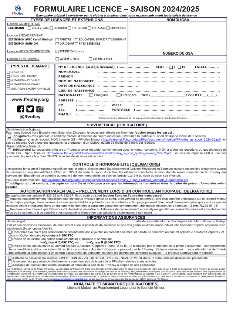 Formulaire Demande Licences 2024 2025 | PDF