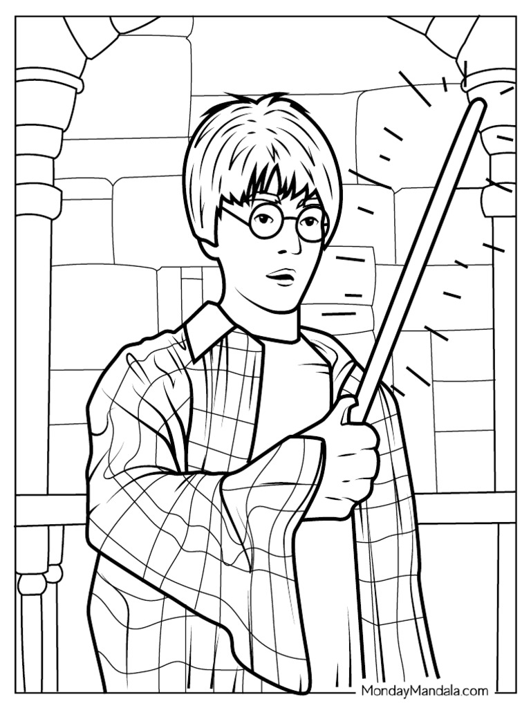 Young Harry Potter Holding Wand Coloring Page For Kids V2 | PDF