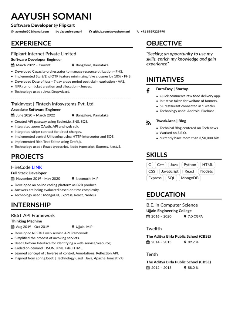 Aayush Somani Flipkart Resume | PDF