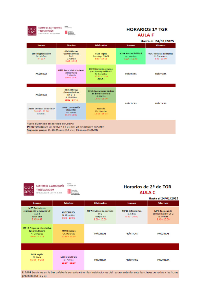 Horarios TGR 2024-2025 1r Semestre | PDF