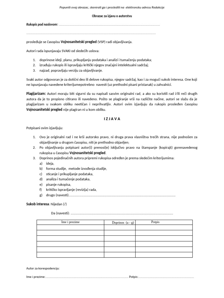 Obrazac Za Izjavu o Autorstvu | PDF
