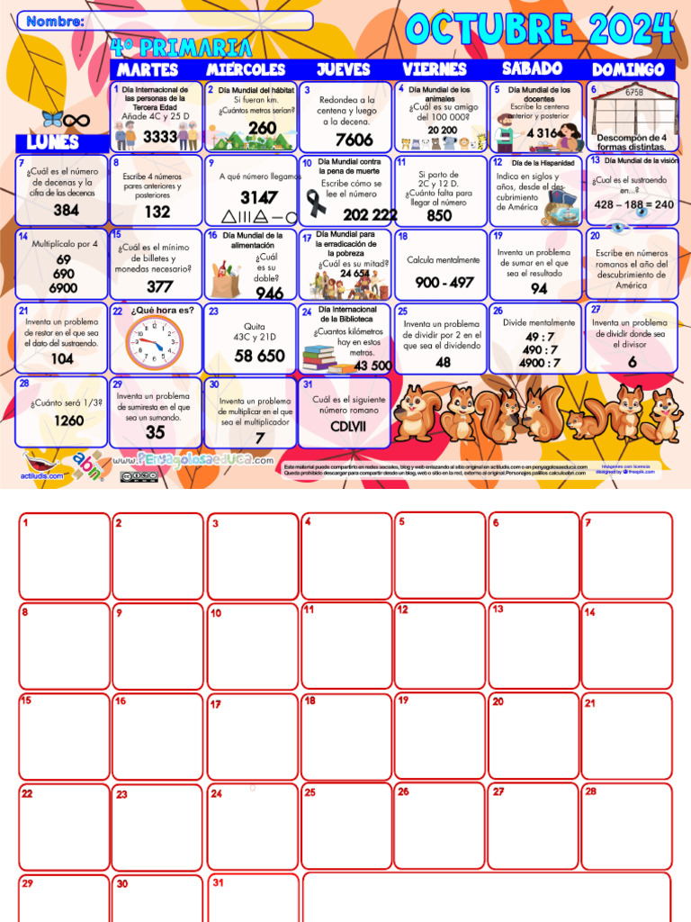 4°? Calendario Matemático OCTUBRE-24 | PDF