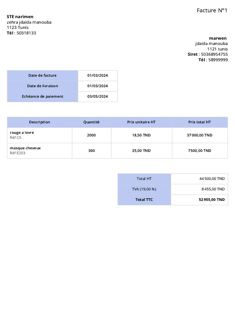 Facture N°1 - Marwen | PDF