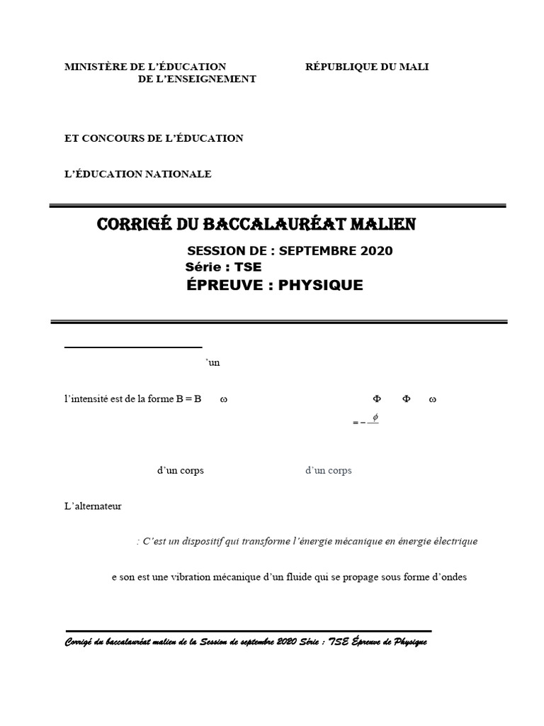 Corrigé Bac TSE Physique 2020-1 | PDF