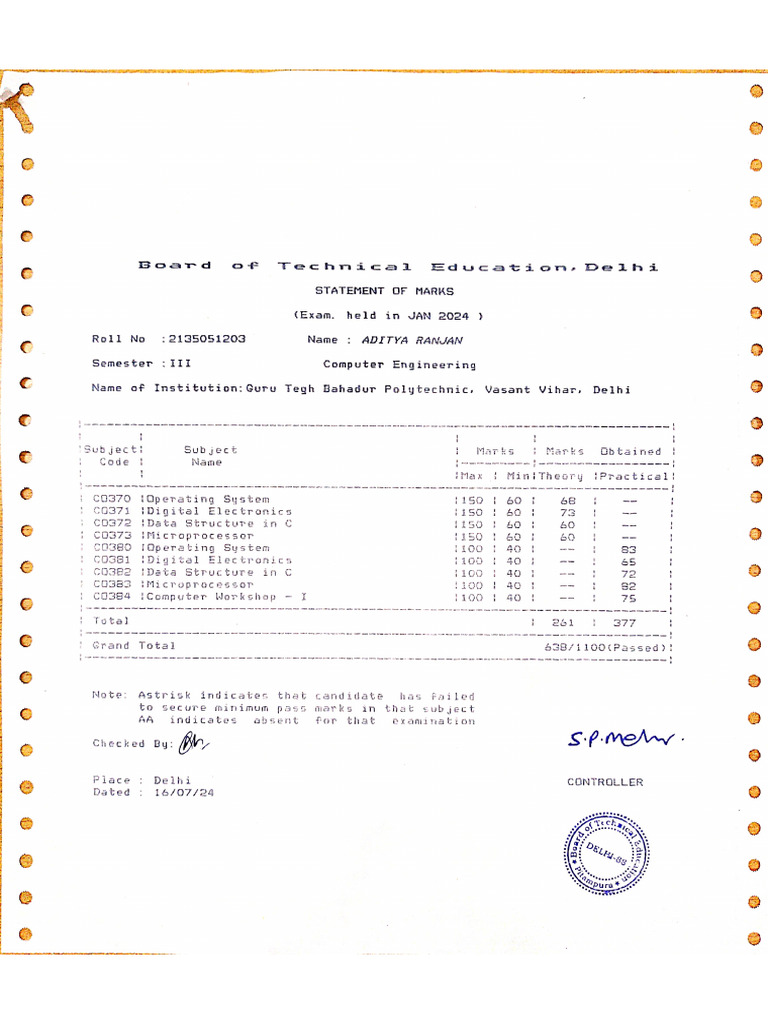 Dip 3rd Sem Marksheet | PDF