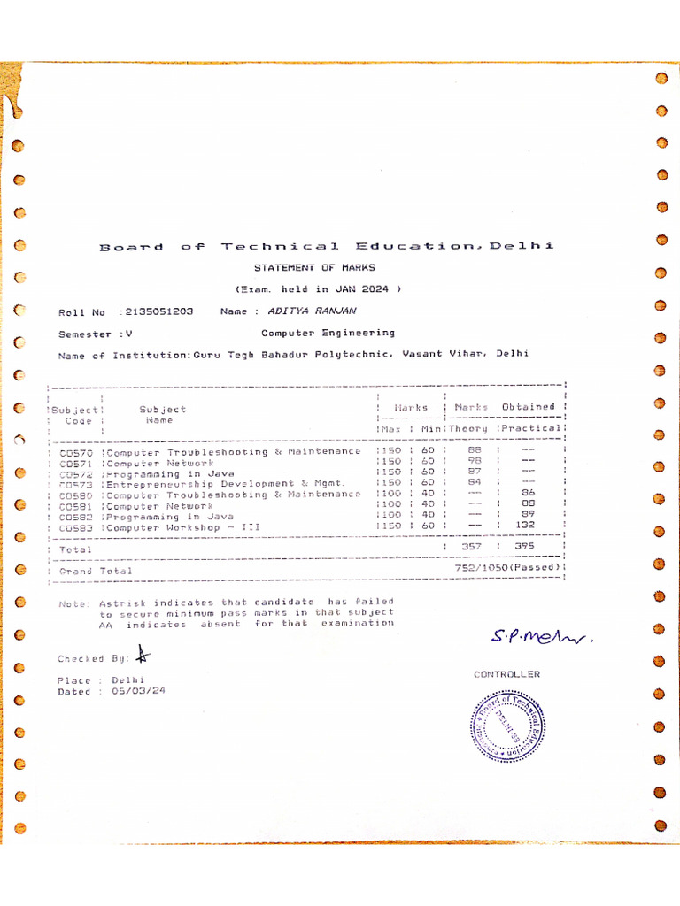Dip 5th Sem Marksheet | PDF